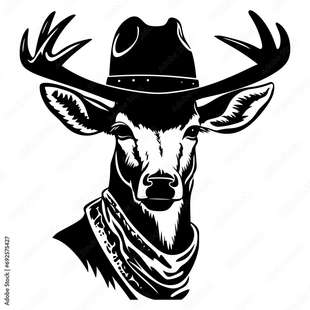 Vintage deer in a cowboy hat 60s style retro comic black vector ...