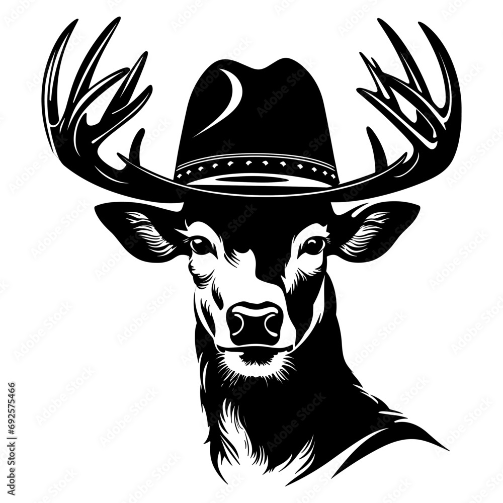 Vintage deer in a cowboy hat 60s style retro comic black vector ...