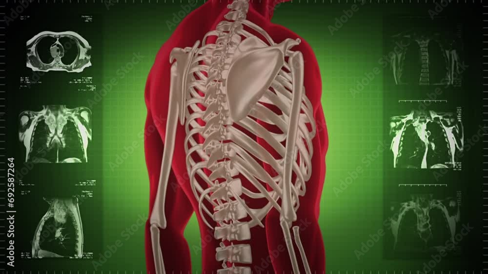 3D Rotating view of Thorax Cavity showing Ribs, Vertebral Column and ...