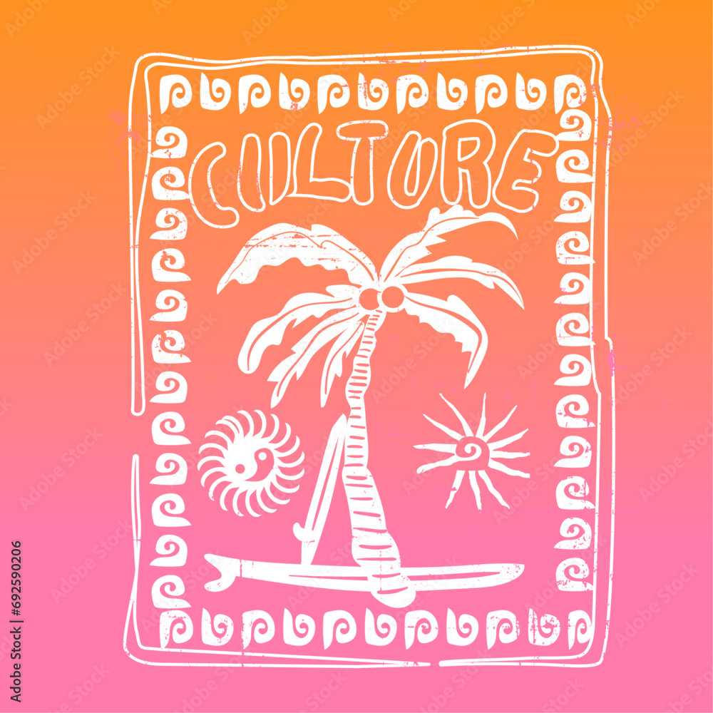 Culture for summer beach print design, palm tree surfboard peach under ...