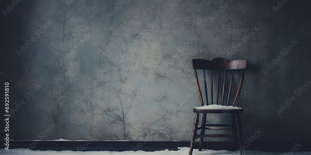Still life of an empty chair in a dim room with a single window showing ...