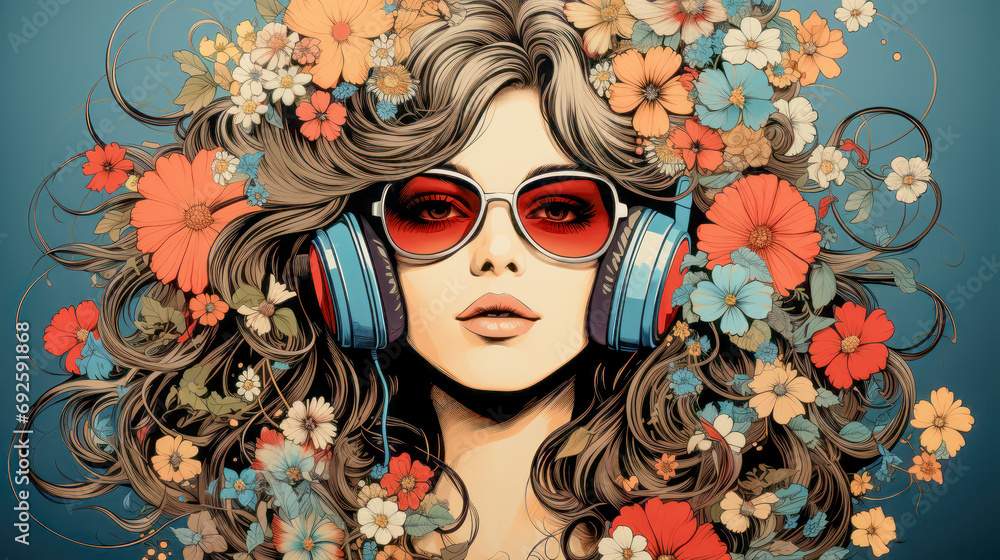 Graphic Illustration 1960s vintage retro hippie movement flower power ...