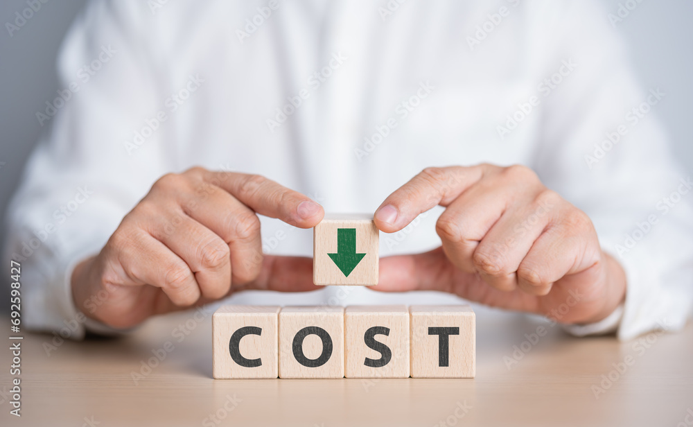 Businessman's hands hold wooden cube with a green arrow down and COST ...
