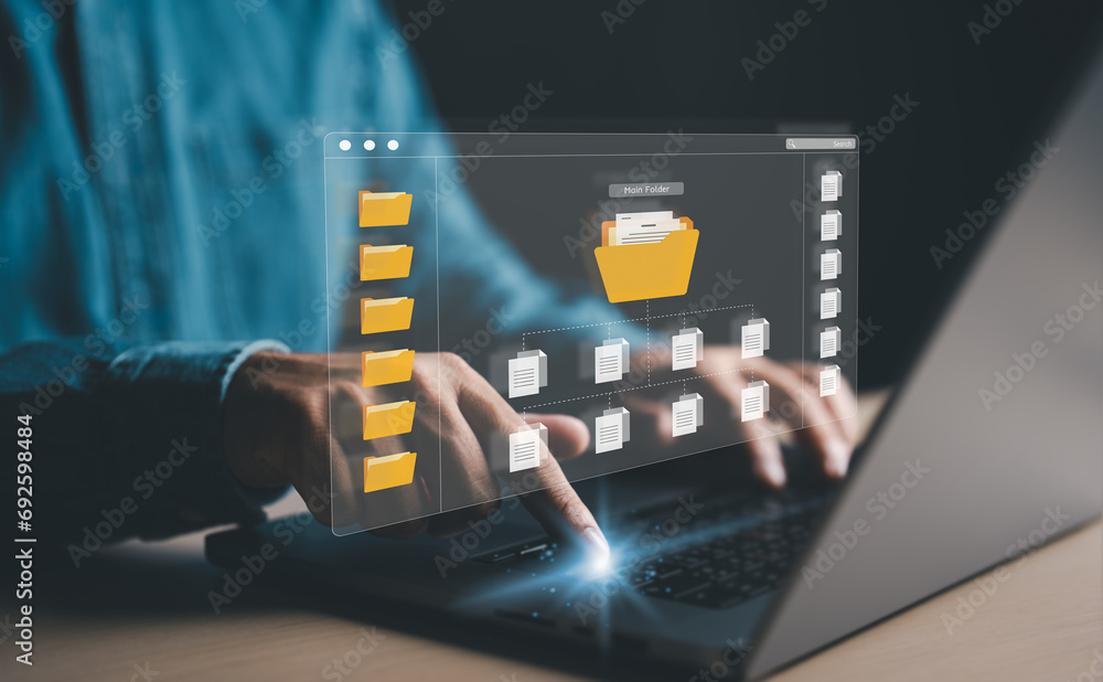 Document management concept. Virtual screen of DMS and online cloud ...