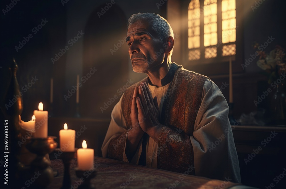 Catholic priest praying in dark church. Sanctuary religious man on ...