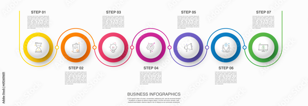 Vector line infographics with seven circles. Business concept graphic ...