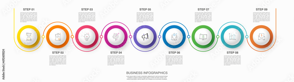 Vector line infographics with 9 circles. Business concept graphic ...