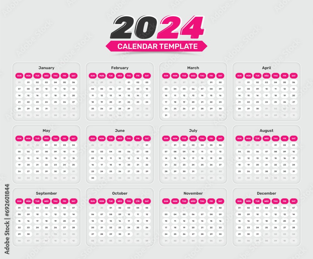 Minimalistic modern calendar date format table template design for 2024 ...