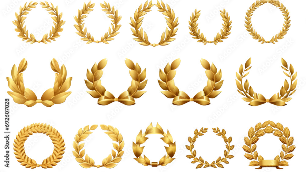Set of golden ribbons, laurel wreaths of different shapes for winners ...