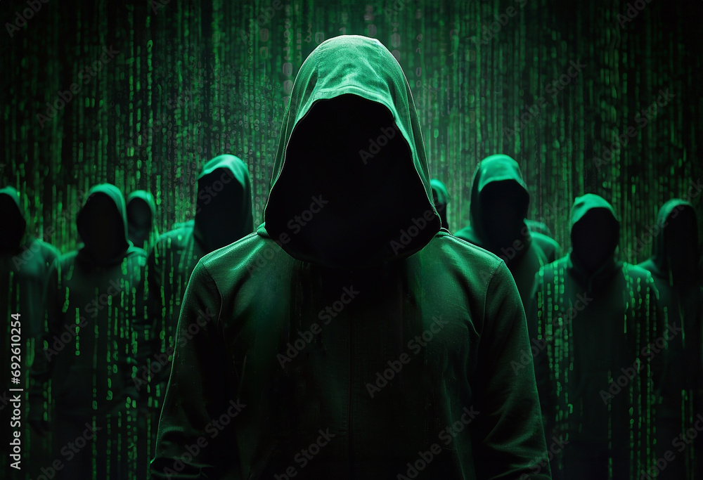 Faceless hackers in a hoodie with persons standing behind the team leader to symbolize the ...