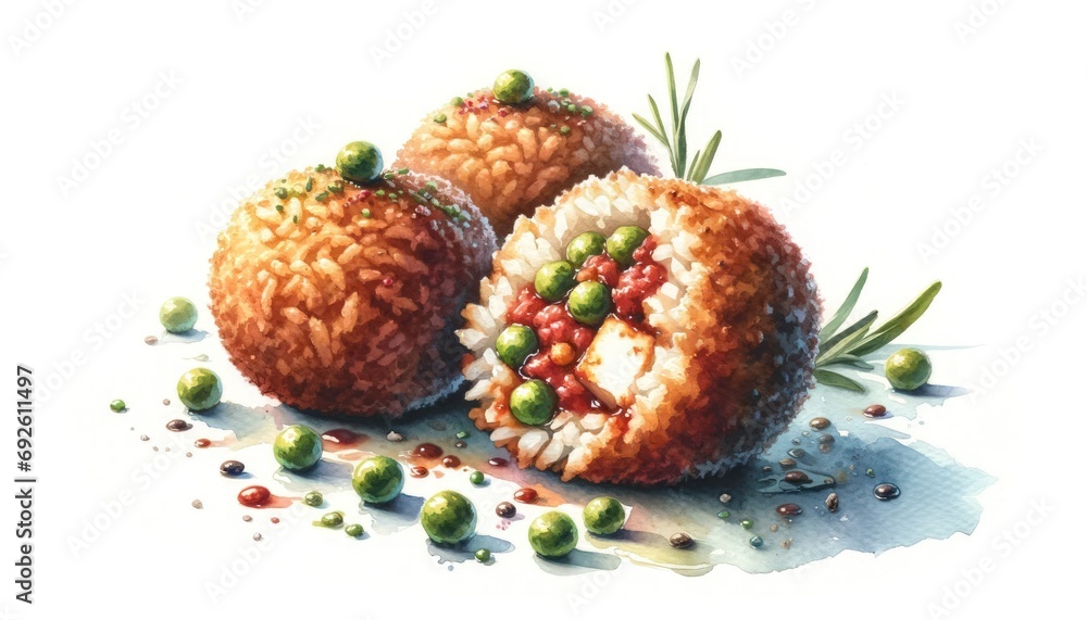 Horizontal watercolor painting of Arancini, Sicilian rice balls ...