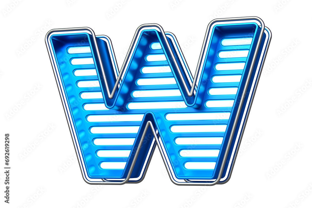 Bright chrome and metallic blue display font letter W. Flashing ...