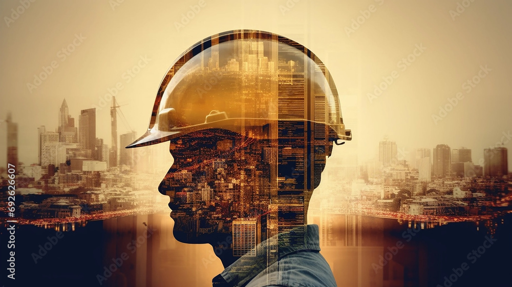 Double exposure image of engineer safety helmet with city or ...