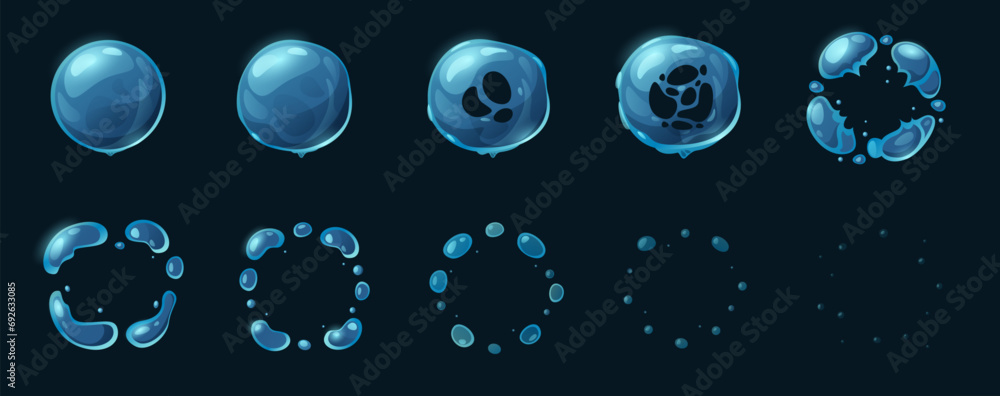 Soap bubble animation. Cartoon bubble blowing and popping, foam and ...