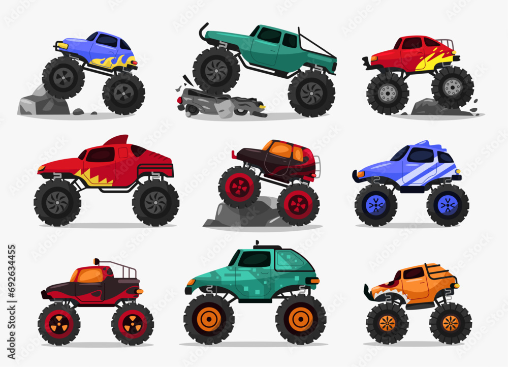 Cartoon monster truck. Diesel 4WD offroad vehicle with turbo engine and ...