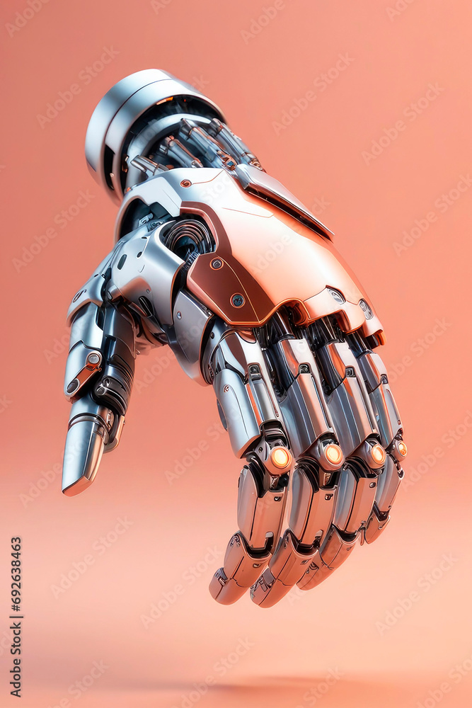 Cyborg robotic hand pointing on velvety peach color background ...