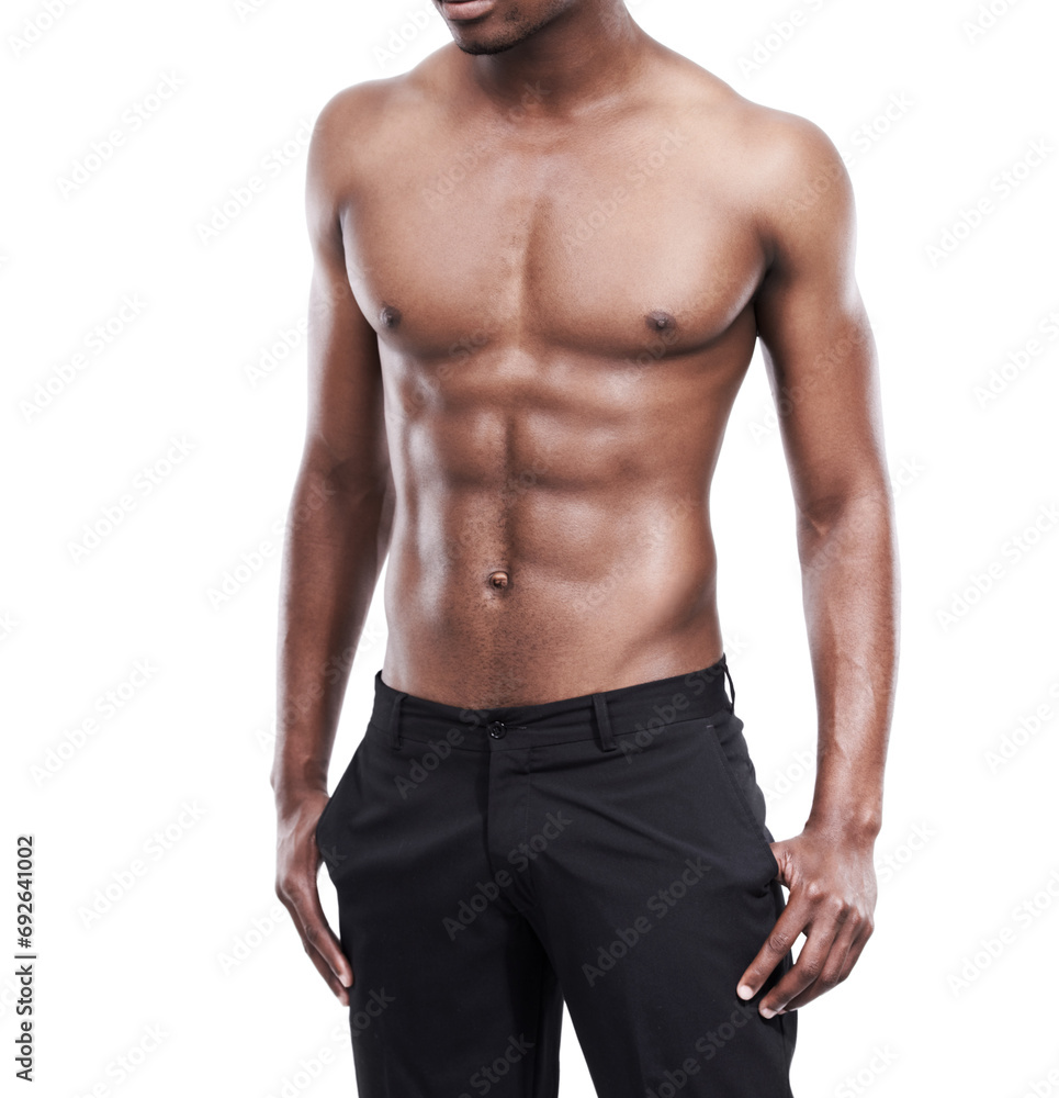 Man, model and shirtless for fitness, six pack and standing on white ...