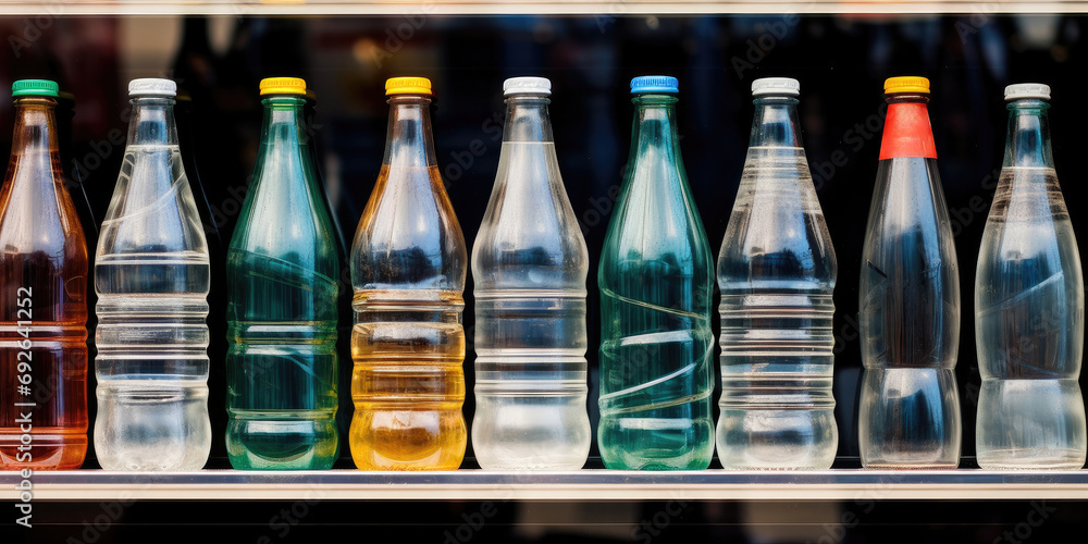 Assorted beverages in plastic bottles, including water, soda, and ...