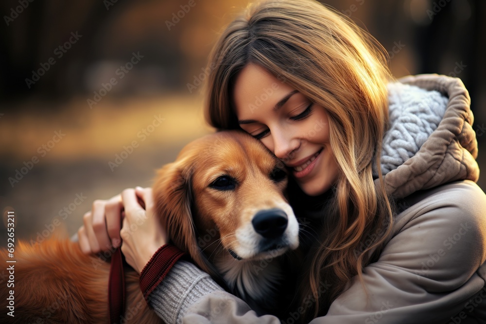 Heartfelt Harmony Woman and Dog Share Tender Embrace in Autumnal ...