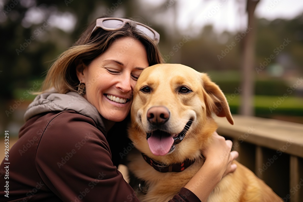 Soulful Embrace Affectionate Mature Woman and Joyful Labrador Share ...