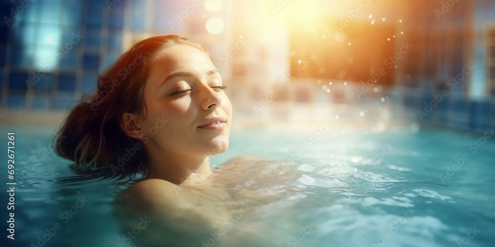 A woman relaxing in the jacuzzi of a spa, eyes closed and relaxed in a ...