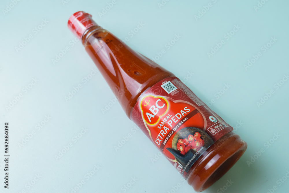 ABC chili sauce with an extra spicy taste on a white background. Bekasi ...