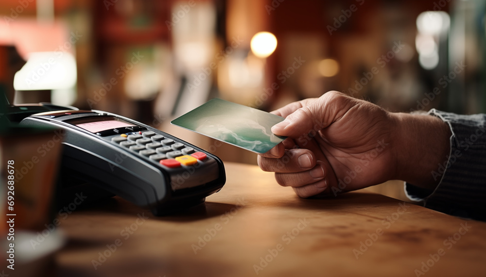 Close up view at hand hold credit card, touch a credit card reader on ...