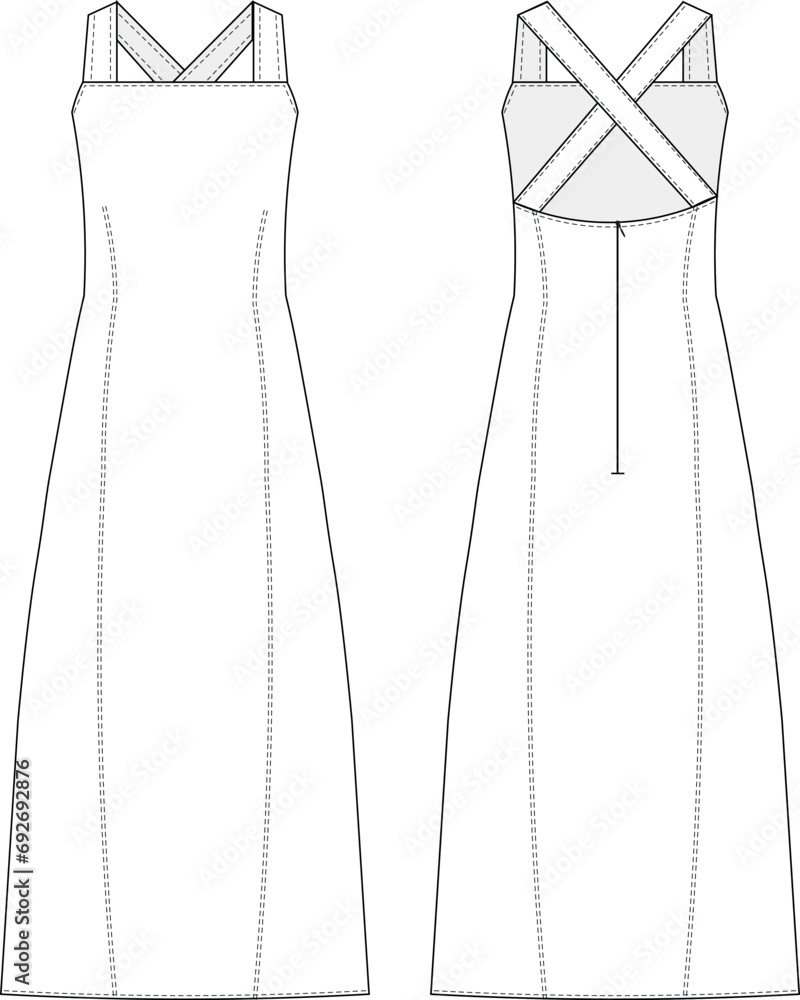 midi loose apron a line dress with straps template technical drawing ...