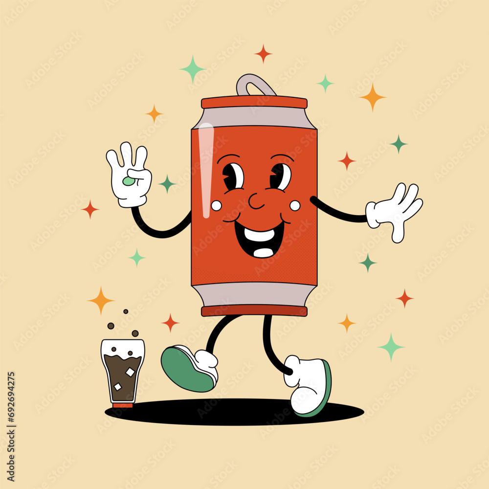 Comic flat Tin Can with face on decorated background. Vector cartoon ...