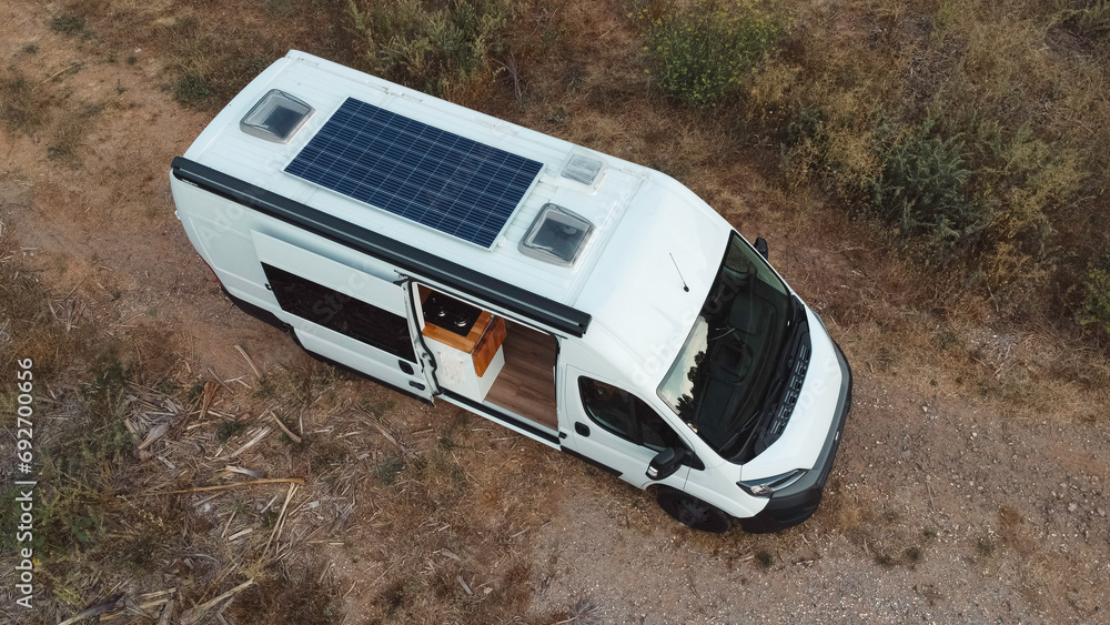 Overhead view of a camper van in which the solar panel on the roof can ...