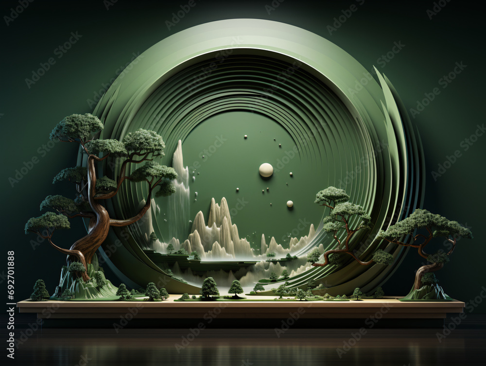 Generative AI. 3D artwork of a serene, green landscape with trees ...