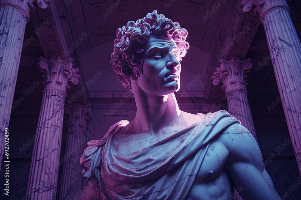 Abstract neon vibes ancient roman, greek stoic person, marble, stone ...
