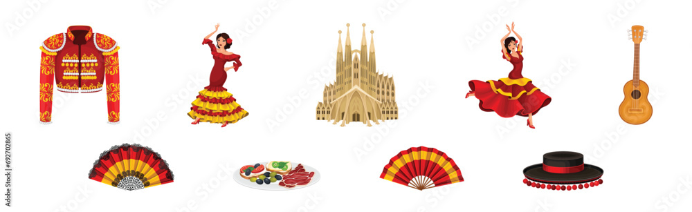 Spanish Traditional Symbols and Objects with Woman Dance Flamenco ...