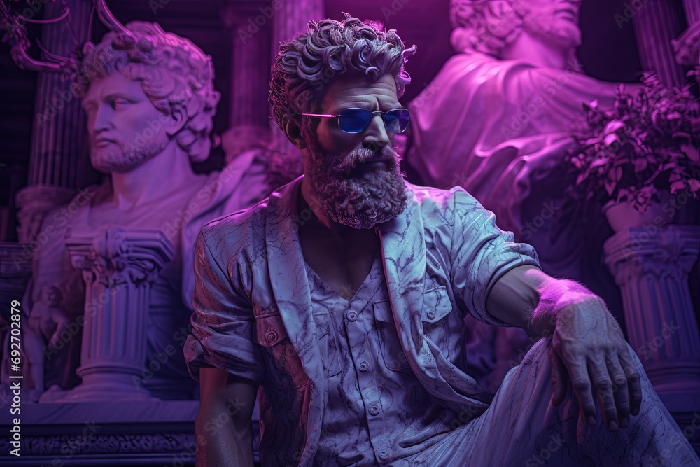 Abstract neon vibes ancient roman, greek stoic person, marble, stone ...