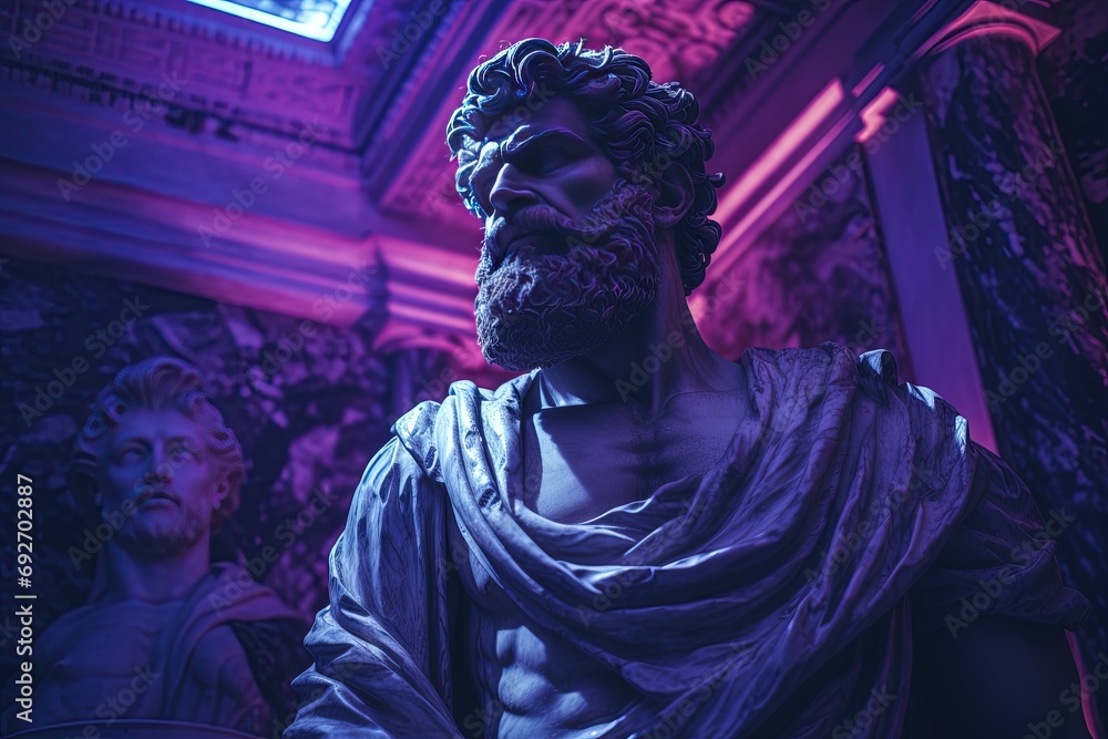 Abstract neon vibes ancient roman, greek stoic person, marble, stone ...