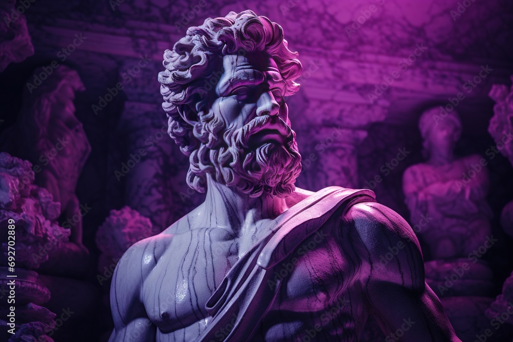 Abstract neon vibes ancient roman, greek stoic person, marble, stone ...