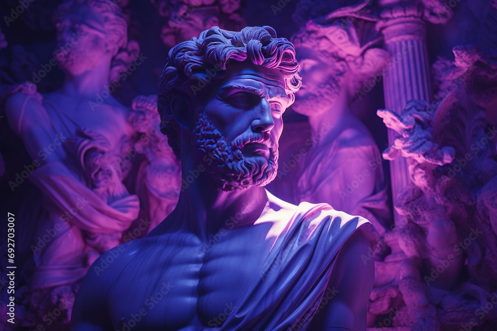 Abstract neon vibes ancient roman, greek stoic person, marble, stone ...