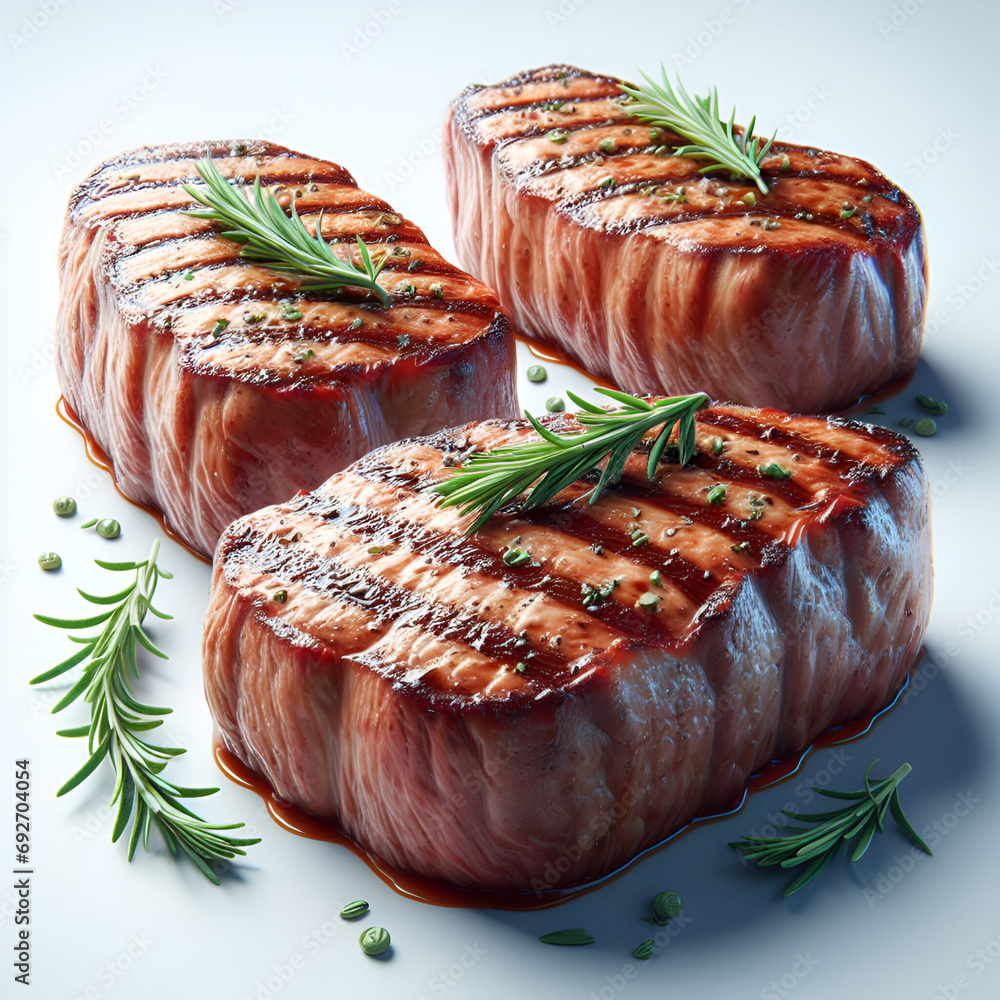 trois steaks identiques garnis de romarin. Les steaks doivent être ...