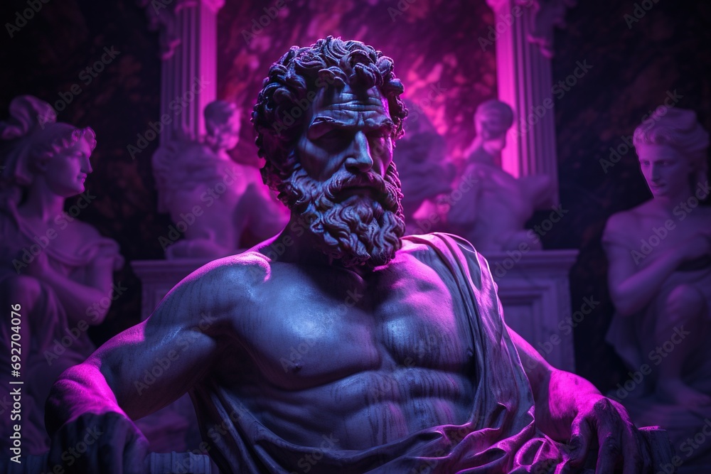 Abstract neon vibes ancient roman, greek stoic person, marble, stone ...