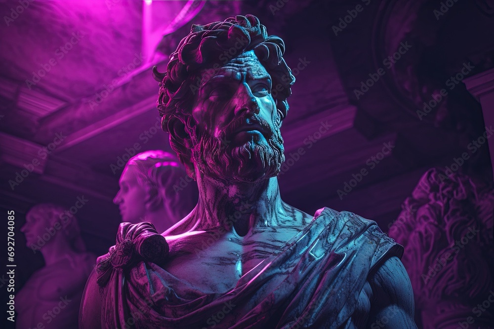 Abstract neon vibes ancient roman, greek stoic person, marble, stone ...
