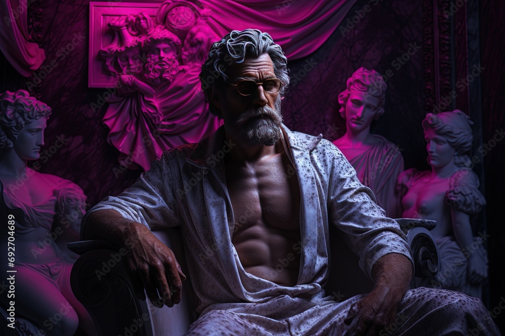 Abstract neon vibes ancient roman, greek stoic person, marble, stone ...