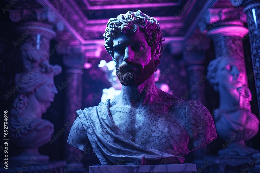 Abstract neon vibes ancient roman, greek stoic person, marble, stone ...