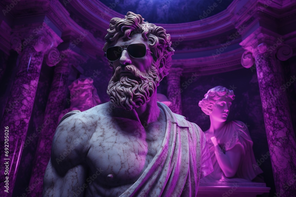 Abstract neon vibes ancient roman, greek stoic person, marble, stone ...