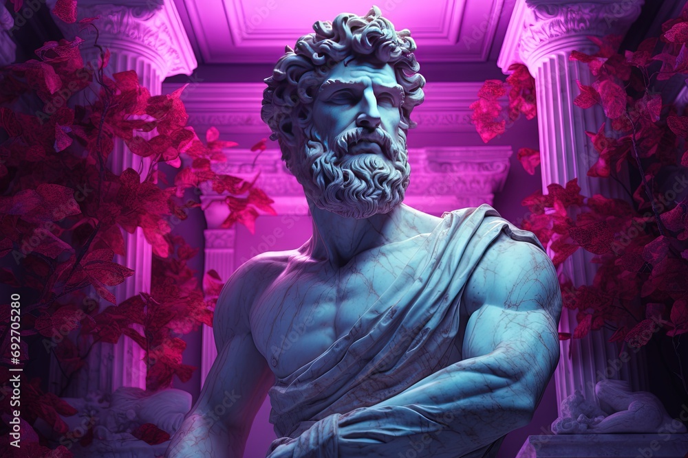 Abstract neon vibes ancient roman, greek stoic person, marble, stone ...