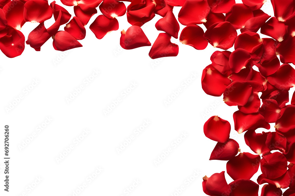 Red rose flower petals scattered flat lay composition top view on ...