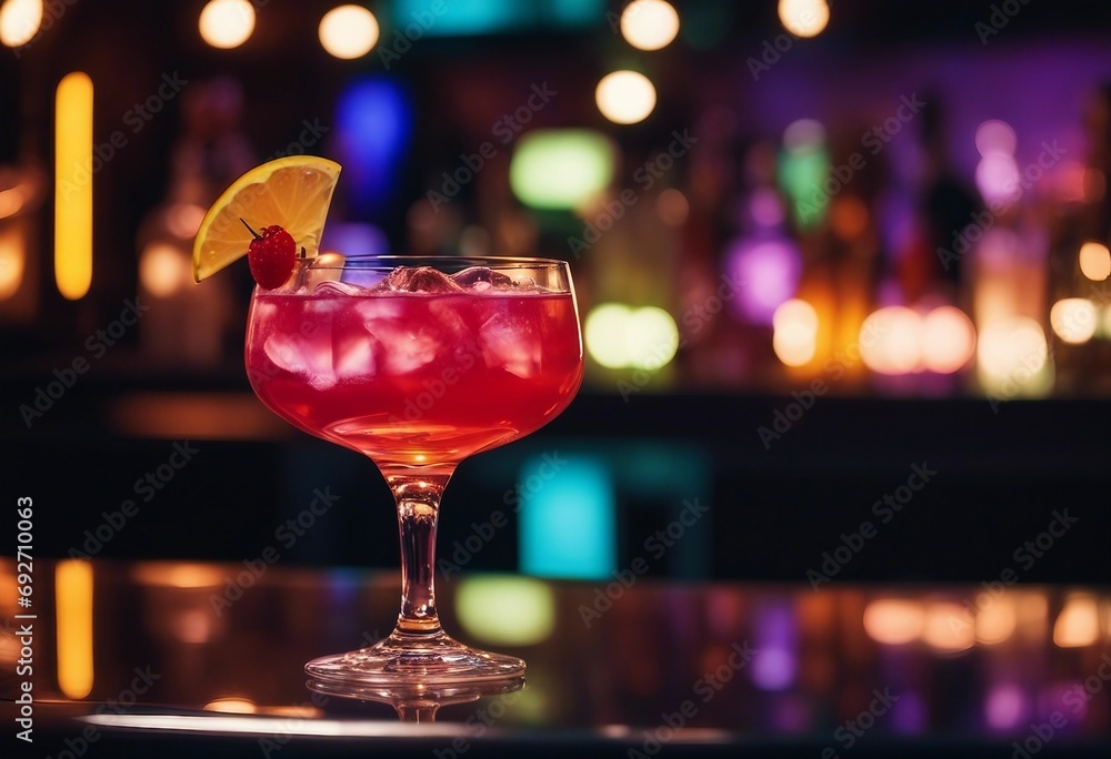 Colorful cocktails in a glass on the bar counter neon lights on dark ...