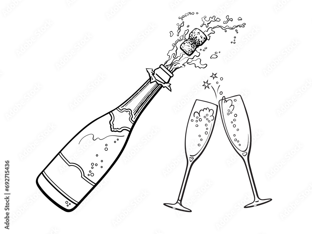 Popping bottle of champagne with cork flying out and two sparkling ...
