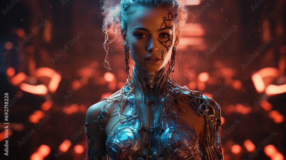 Futuristic cyborg portrait, half-human, half-machine, intricate circuitry Stock Photo | Adobe Stock