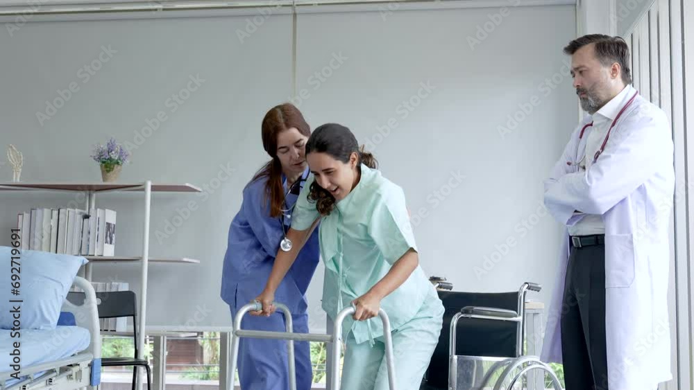 Nurse help women patient with walking aids after received a treatment ...