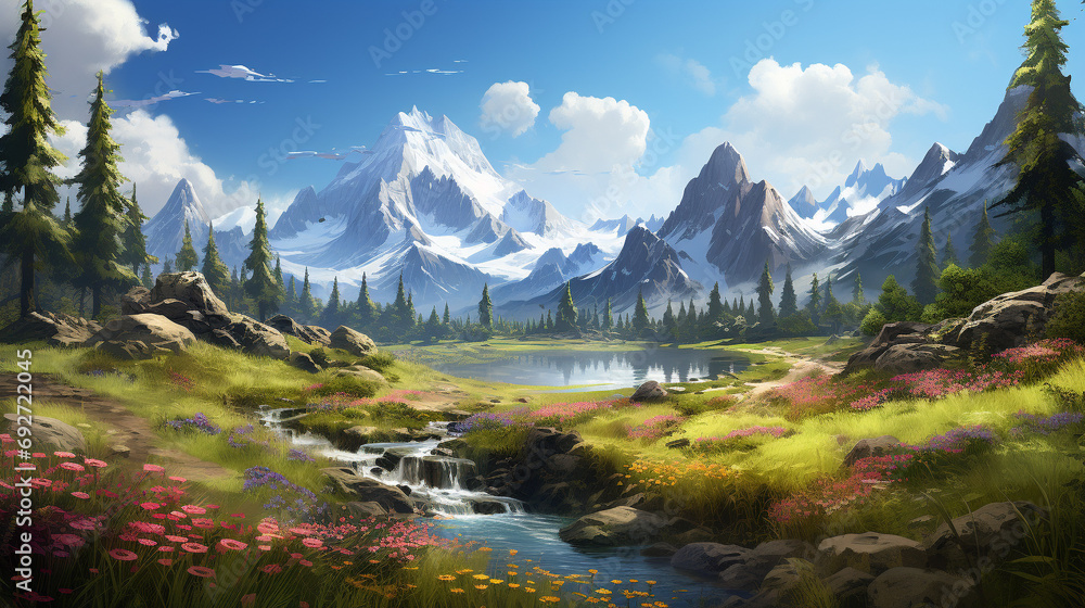 mountain environment with rugged peaks, alpine meadows, and a variety ...